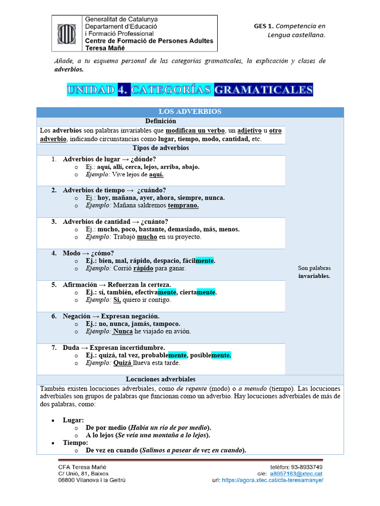 Tipos y ejemplos de adverbios en español | PDF | Adverbio | Tipología ...