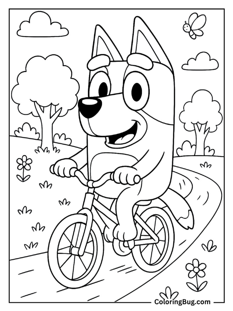 Happy Bluey Riding a Bike Coloring Page | PDF