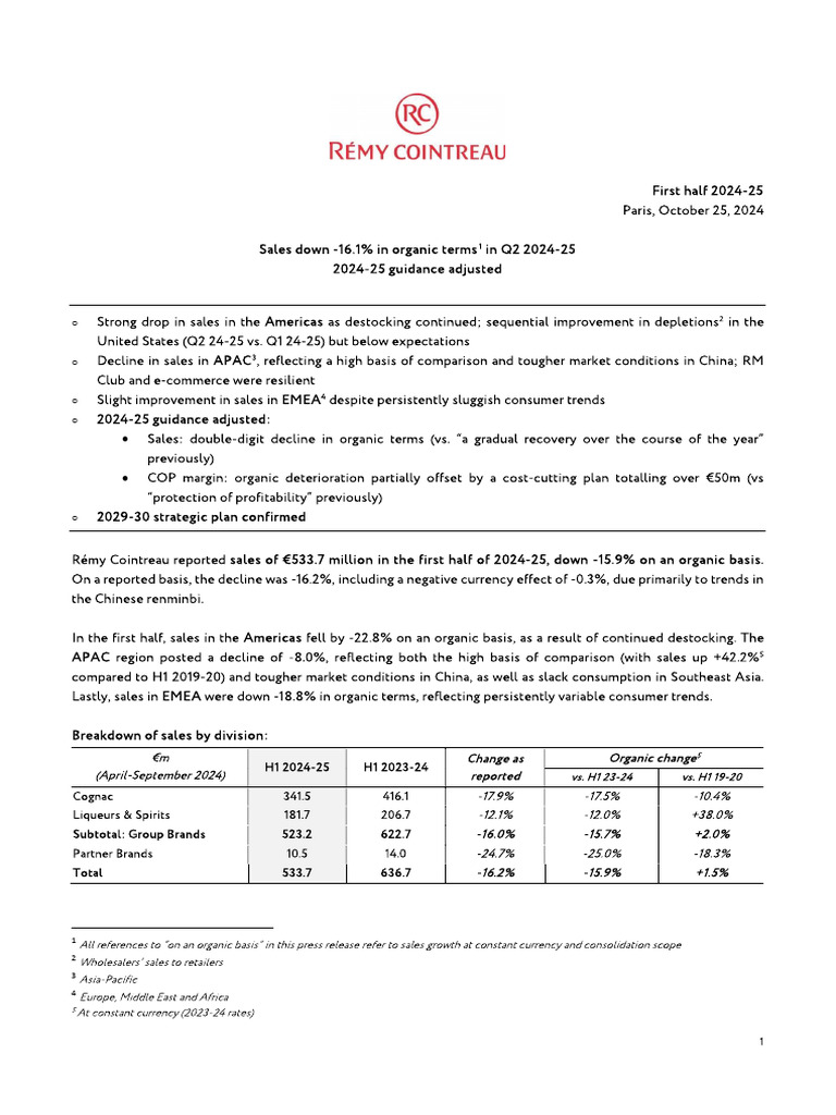 25 Q2 Remy Cointreau Press Release S1 Sales 2024 25 | PDF