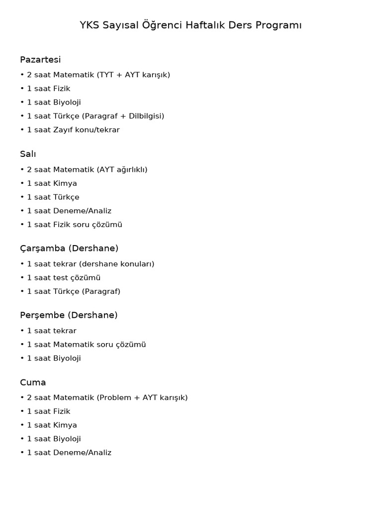 YKS Sayisal Ders Programi | PDF