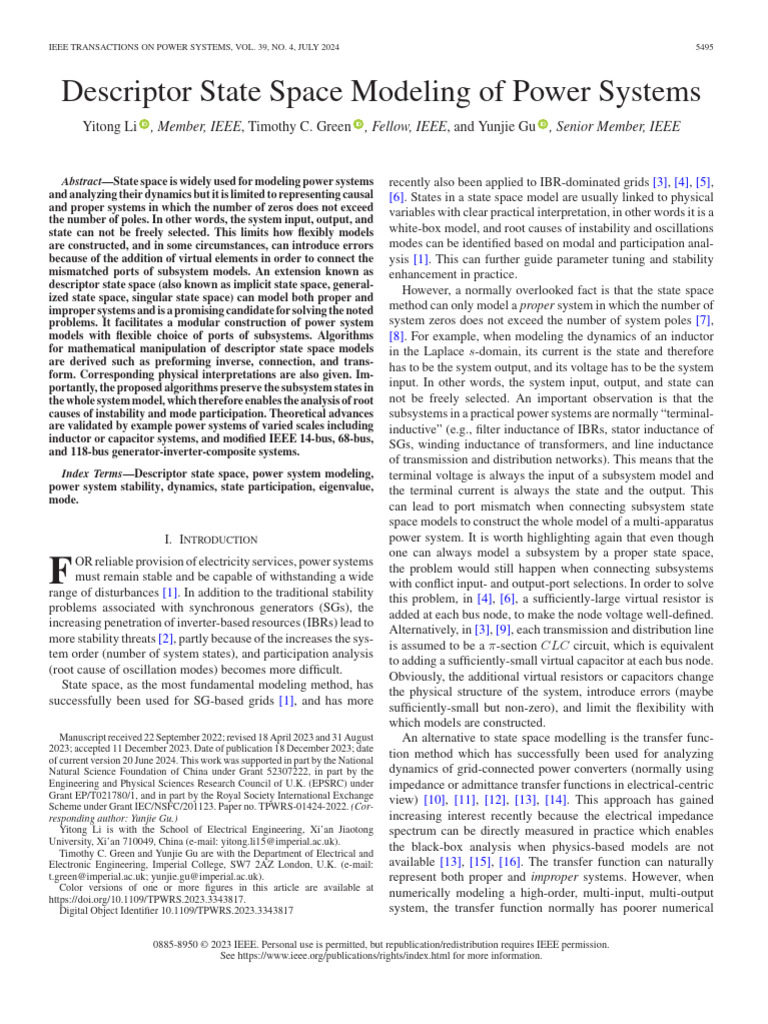 Descriptor State Space Modeling of Power Systems | PDF | System ...