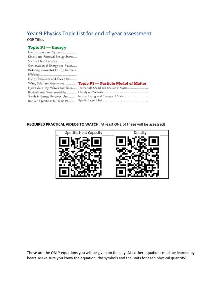 Year 9 Physics EOY Topic List | PDF