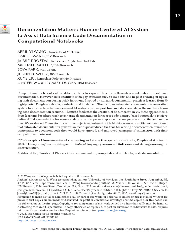 Documentation Matters - Human-Centered AI System To Assist Data Science Code Documentation in ...