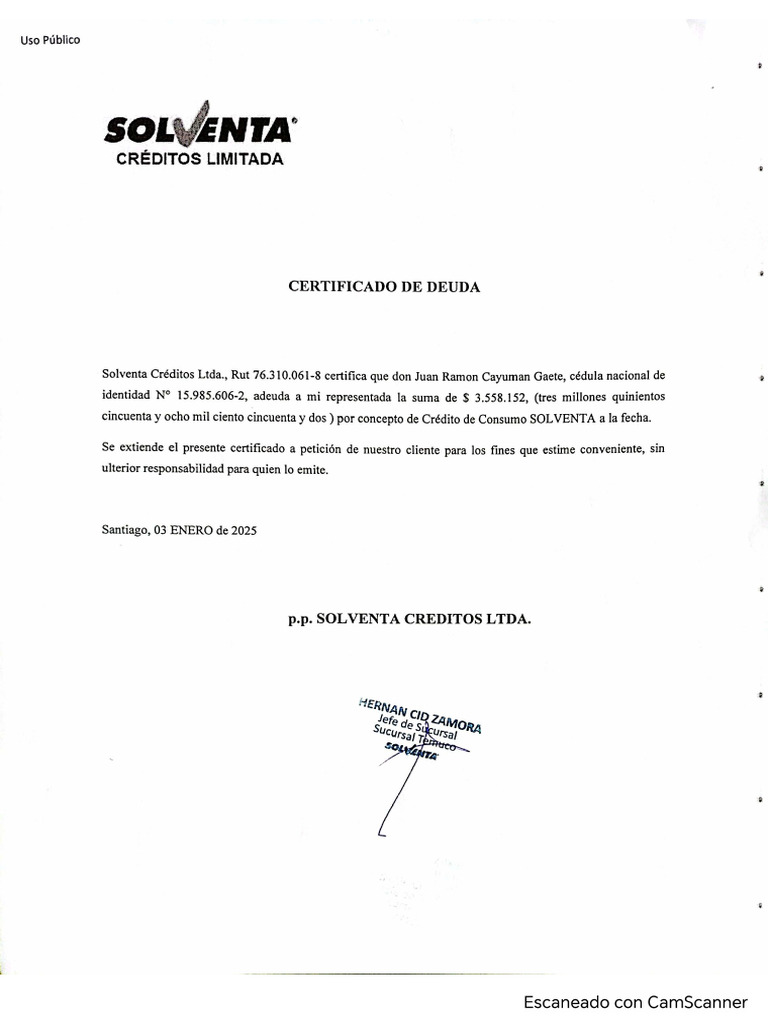 Certificado de Deuda Solventa Crédito | PDF