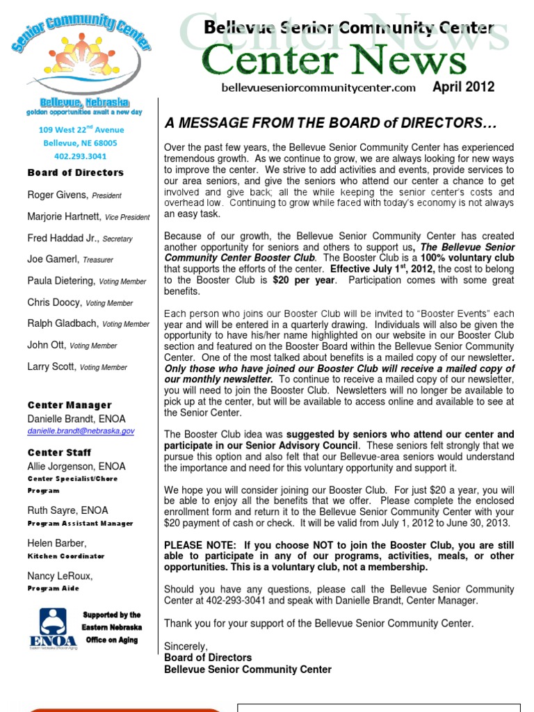 Ellevue Senior Community Center: A Message From The Board of Directors ...