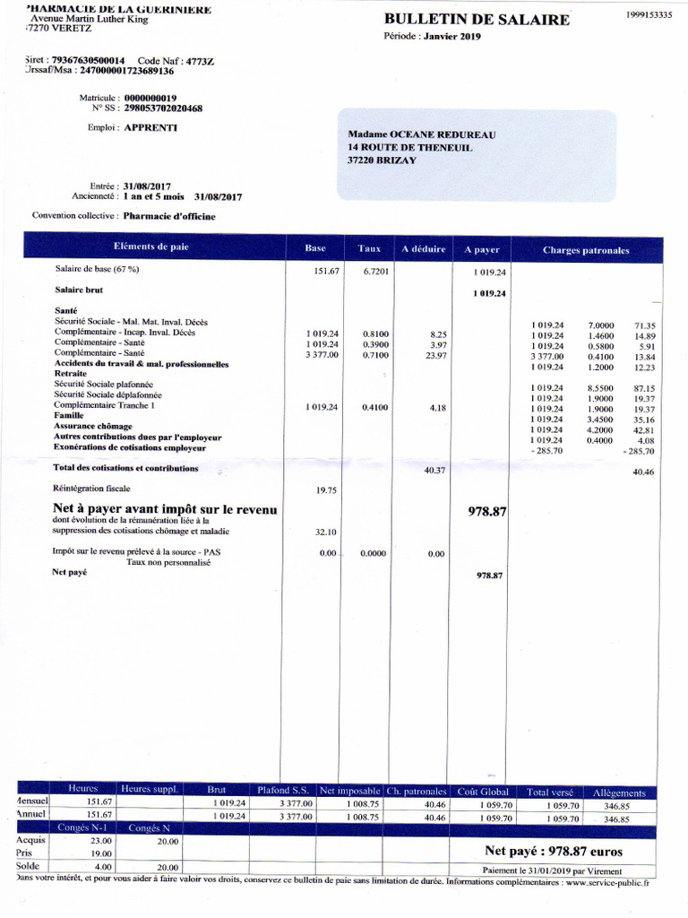 Fiche de Paye Oce Janvier103 | PDF