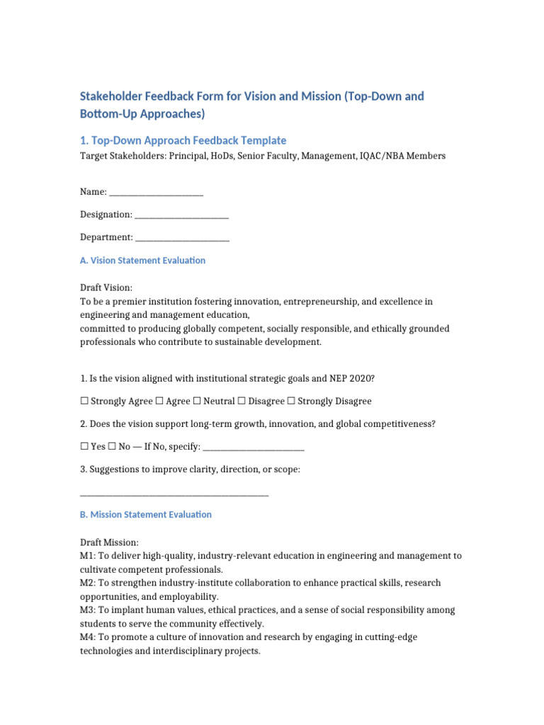 Stakeholder Feedback on Vision & Mission | PDF | Entrepreneurship ...