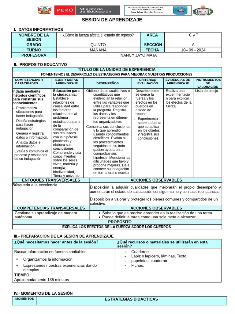 Sesión de Aprendizaje Cyt | PDF | Fuerza | Aprendizaje