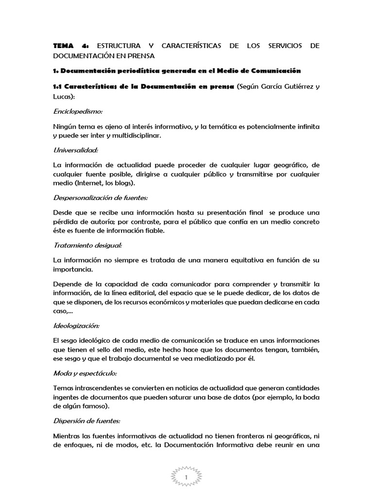 T4 - Estructura y Características de Los Servicios de Documentación en Prensa | PDF | Periódicos ...