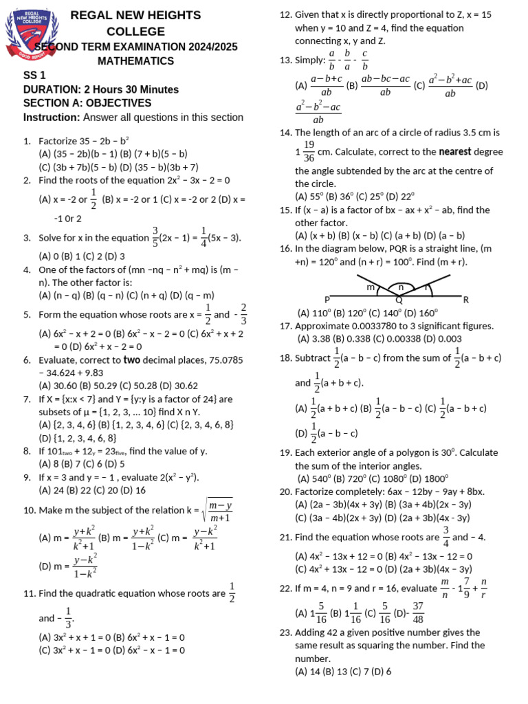 2nd Term MATHS for SS1 2025 | PDF | Circle | Mathematics