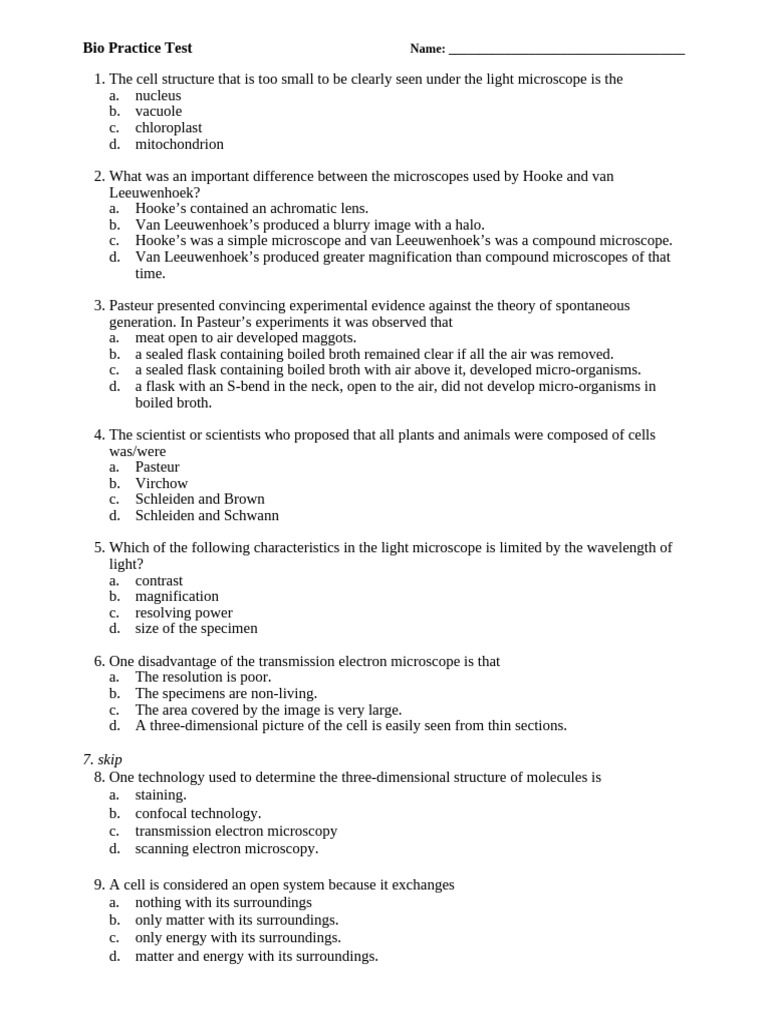Biology 160 Practice Test Review | PDF | Tissue (Biology) | Microscope