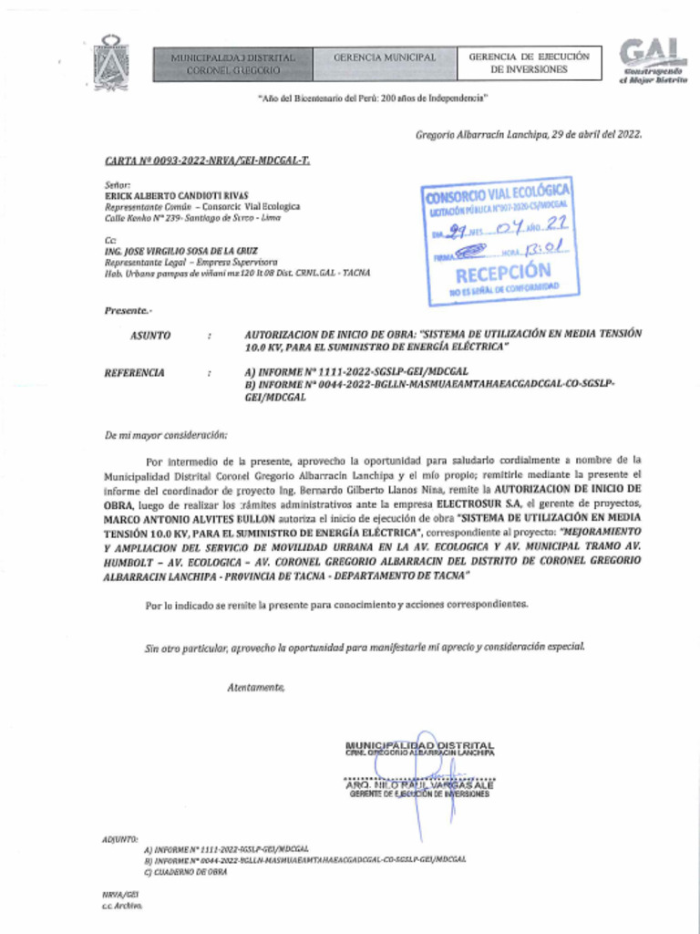 Carta N 093-2022-Nrva Autorizacion de Inicio de Obra Sist. de Utilizacion en Media Tension | PDF