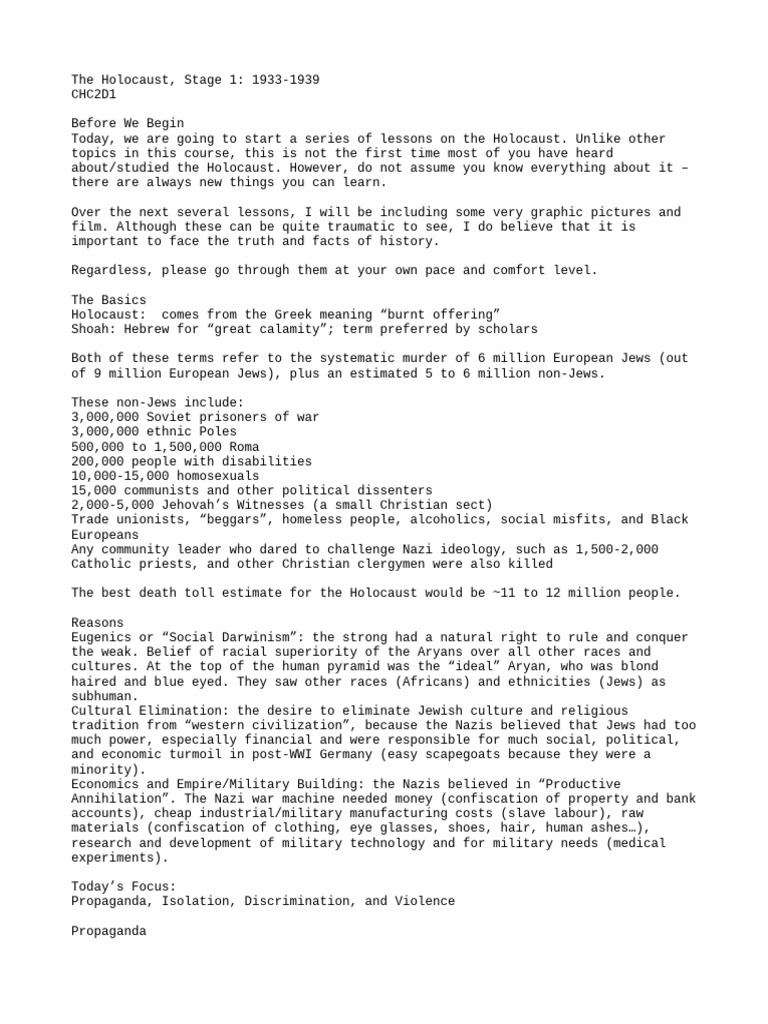 WWII - The Holocaust, Stage 1 - 1933-1939 | PDF | Nazi Germany | The ...