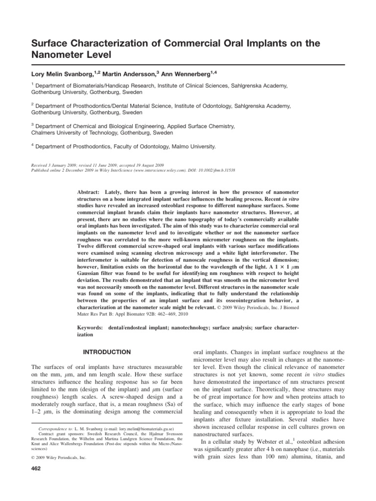 Svanborg Wennerberg JBMR 2010 Surface Characteriz | PDF | Biomaterial ...