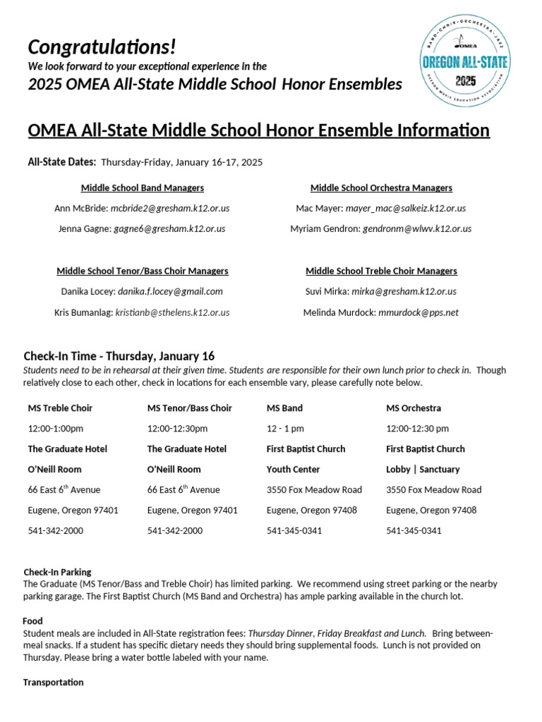 OMEA Middle School Student Information Packet 2025 | PDF | Saxophone