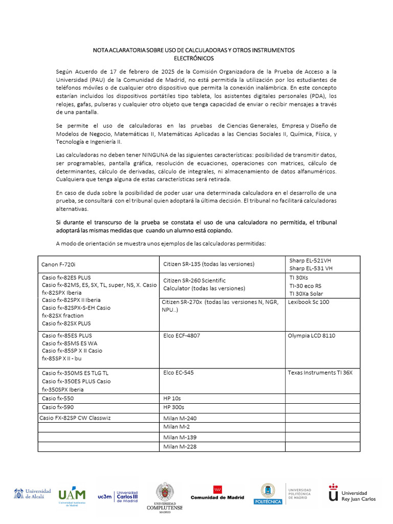 2025 02 17 Calculadoras Permitidas | PDF | Calculadora | Asistente personal digital
