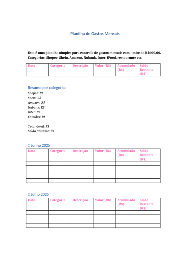 Planilha de Gastos Rosa Editada | PDF