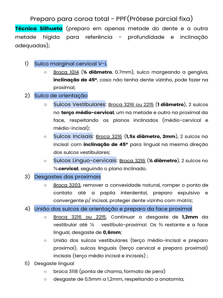 Resumo - Preparo para Coroa Total, Preparo MOD, Provisorios | PDF | Boca | Áreas da odontologia
