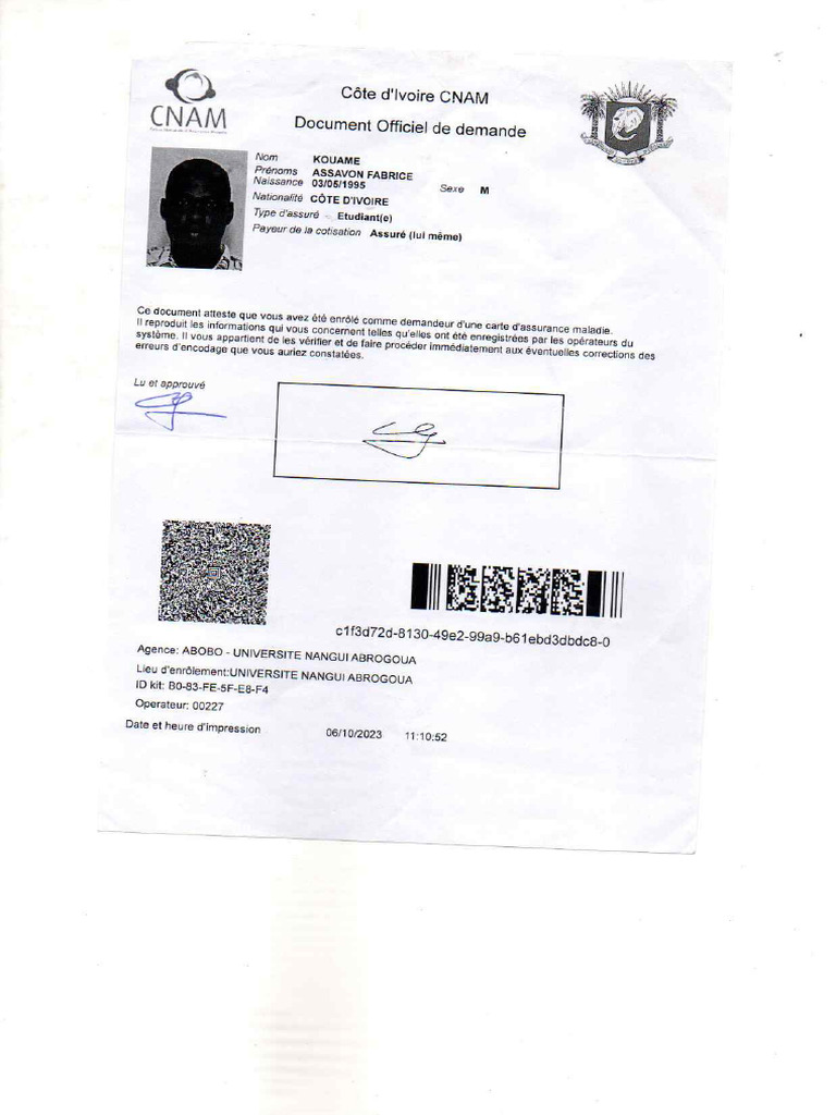 La Carte Ou Le Recepisse d Enrolement Cmu | PDF