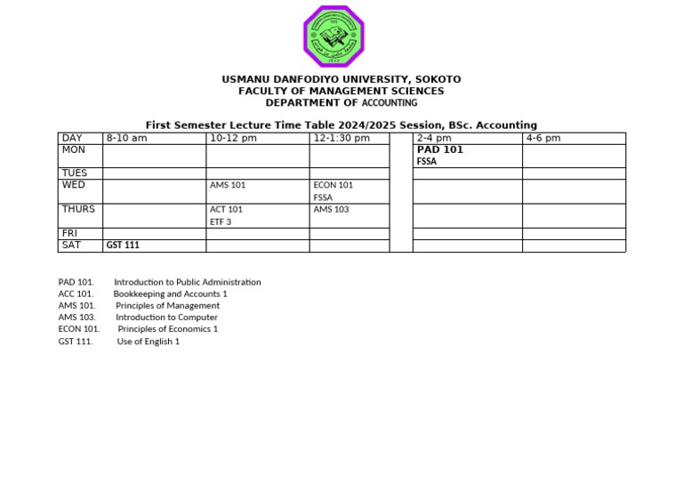 Lecture Time Table for Ug1 | PDF