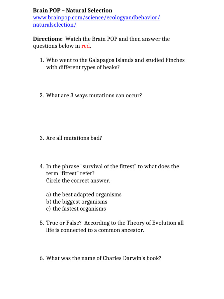 Brain POP - Natural Selection | PDF