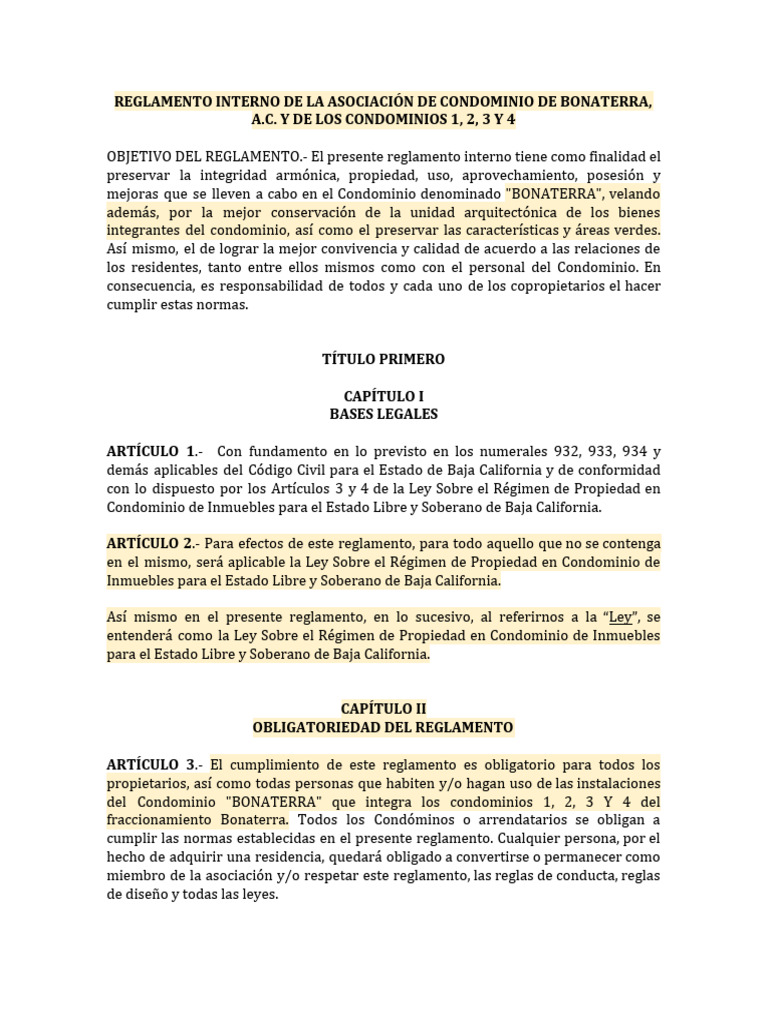 Reglamento Interno Del Condominio Bonaterra - Final 2018 | PDF | Condominio