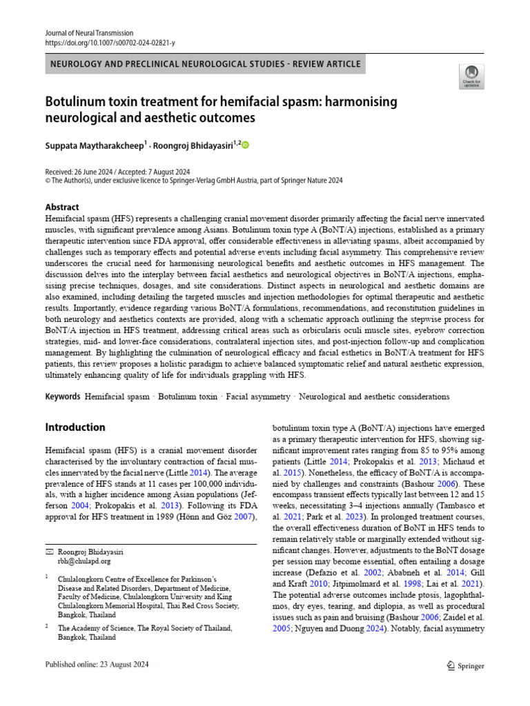 Botulinum Toxin Treatment For Hemifacial Spasm: Harmonising ...