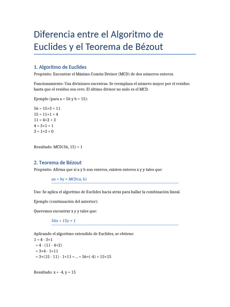 Algoritmo de Euclides vs Teorema de Bézout | PDF