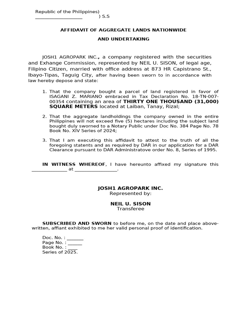 Affidavit of Aggregate Landholdings, Retention, Non Tenancy, No Pending ...