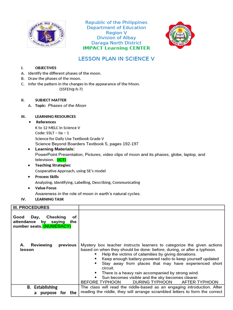 Demo DLP Science 5 Phases of The Moon | PDF | Moon | Learning