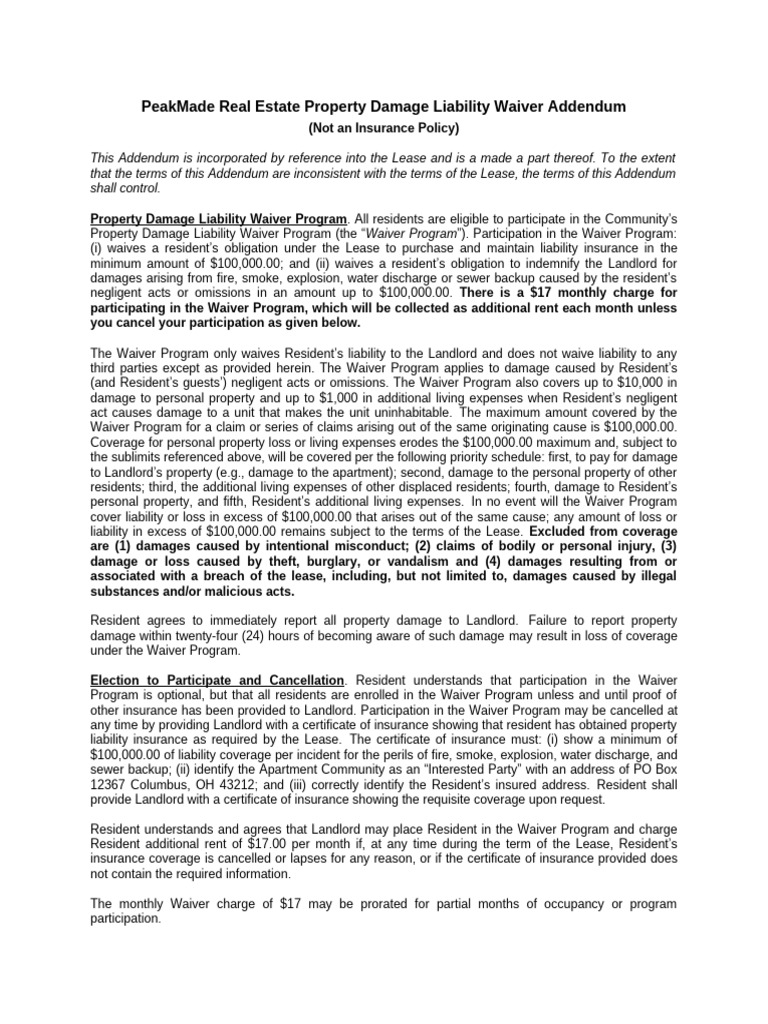 Peakmade Real Estate Property Damage Liability Waiver Addendum | PDF ...