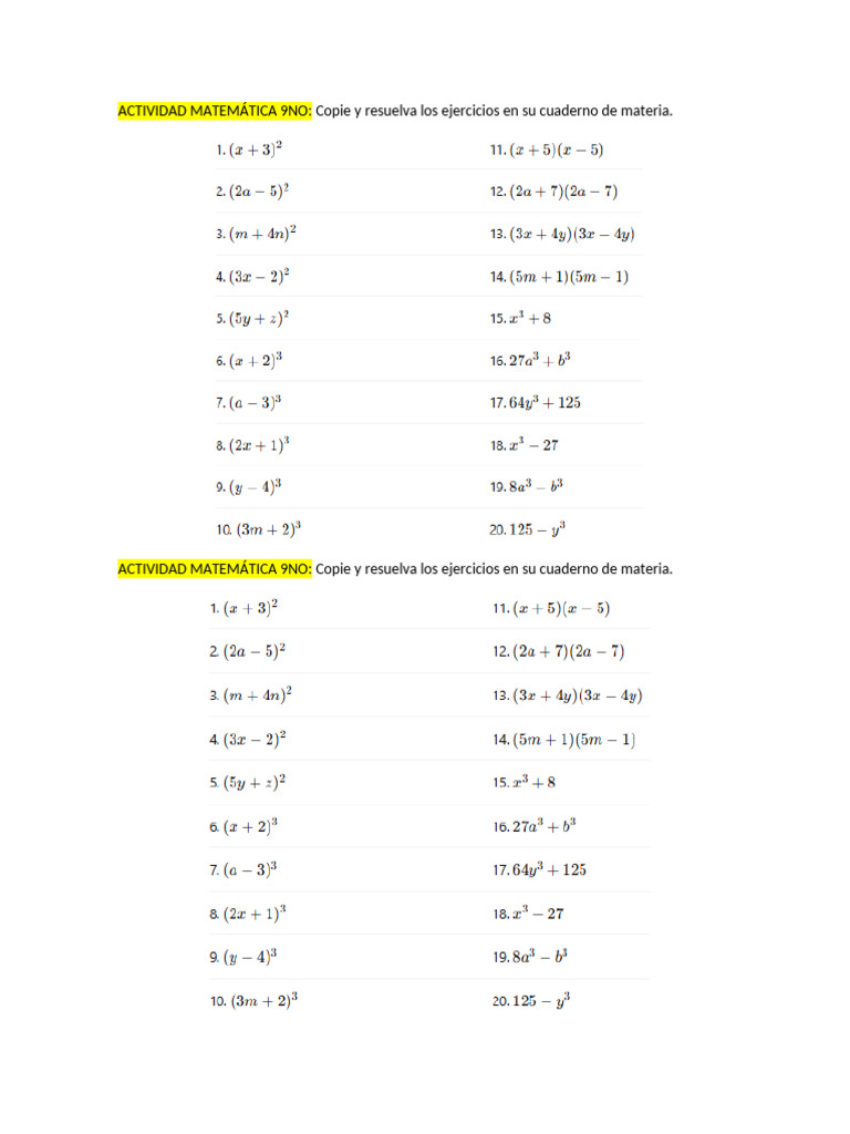 Actividad Matemática 9no | PDF
