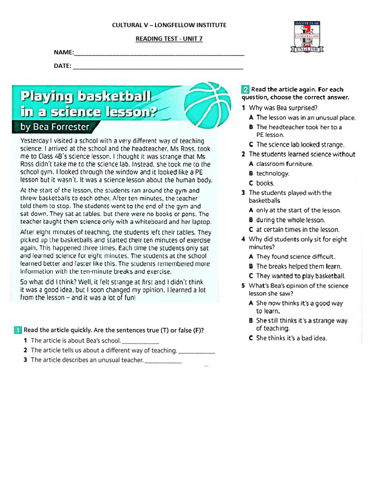 Reading Test Unit 7-CULTURAL V | PDF