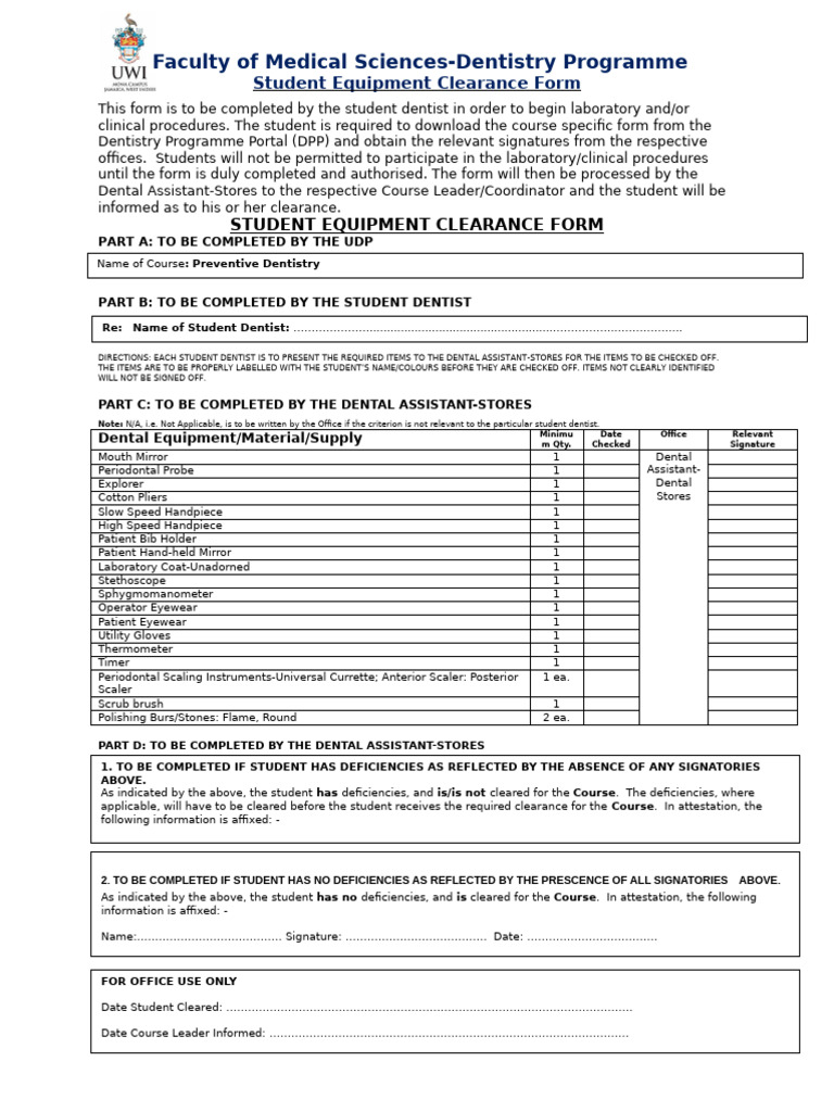 Equipment Clearance Form-Preventive Dentistry | PDF | Dentist | Dentistry
