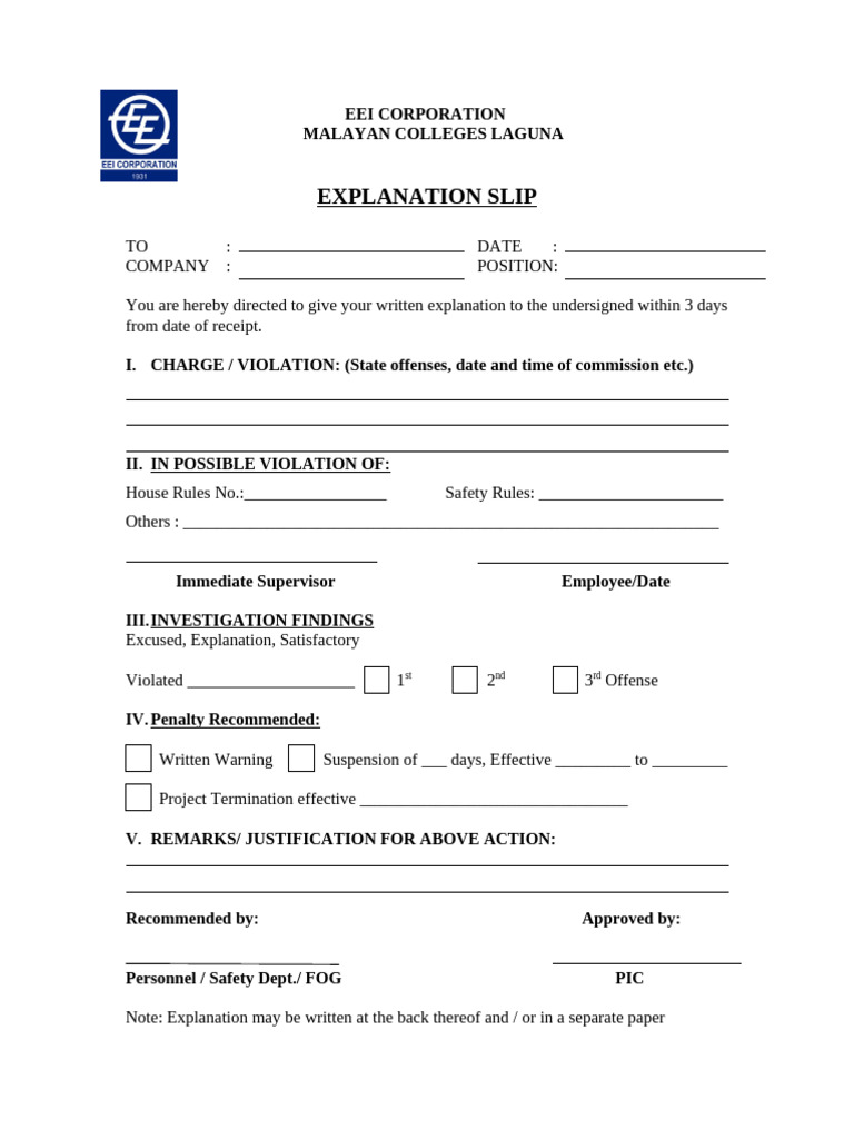 Explanation Slip For Subcons | PDF