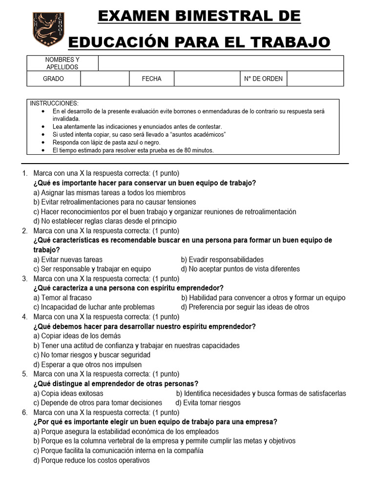 Examen Bimestral: Educación para el Trabajo | PDF | Iniciativa empresarial