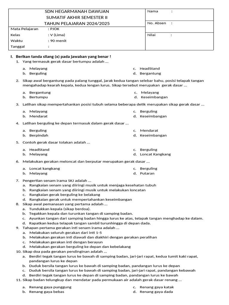 Soal PAS PJOK Kelas 5 Semester 2 | PDF