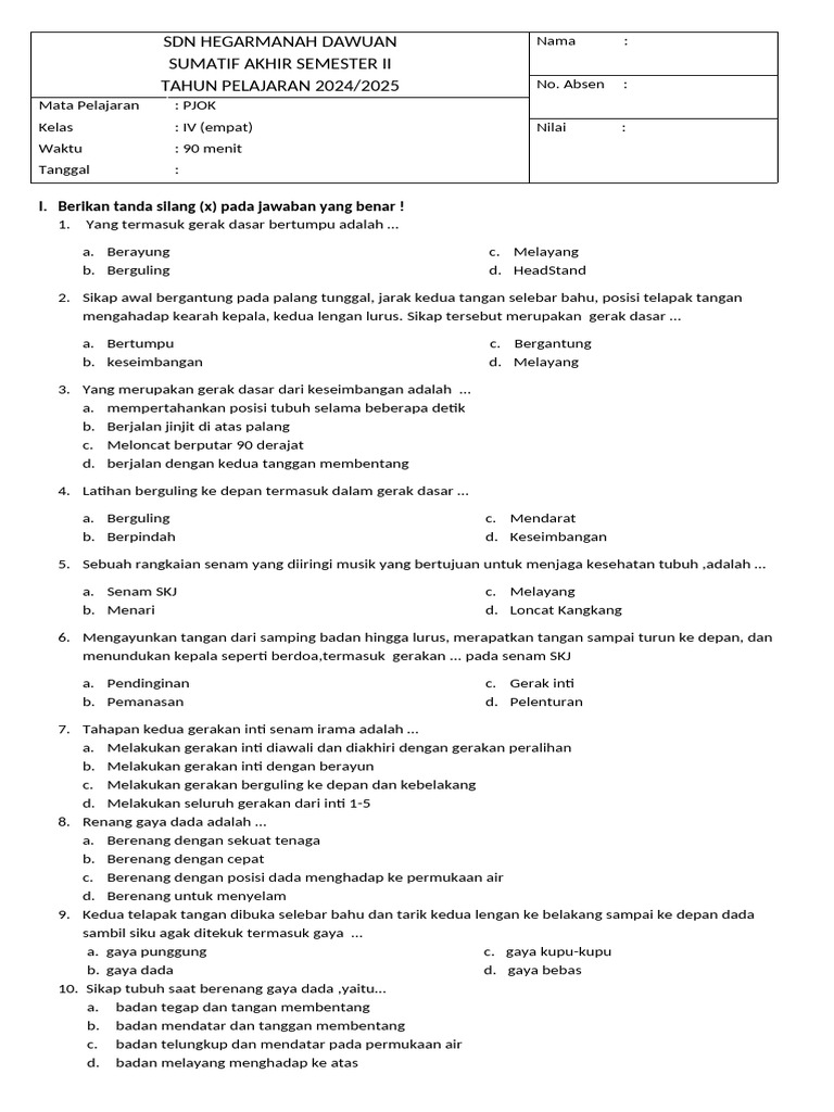 Soal PAS PJOK Kelas 4 Semester 2 | PDF