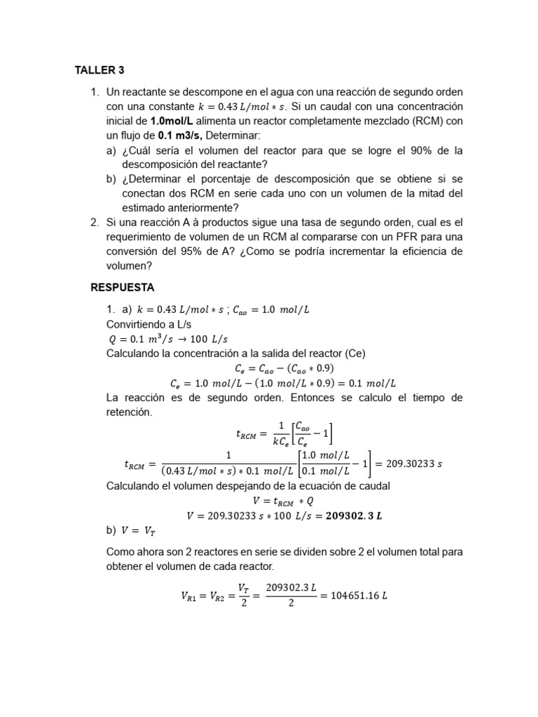 Taller 3 Reactores Efren Locarno | PDF | Reactor Quimico | Química