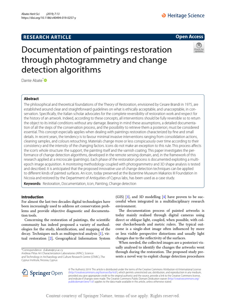 Documentation of Paintings Restoration Through Photogrammetry and Change Detection Algorithms ...