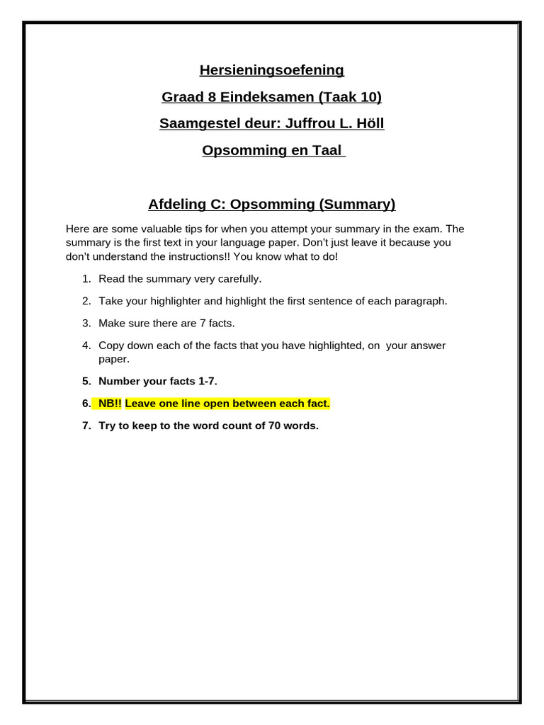 Hersieningsoefening Taak 10 2023 Opsomming en Taal | PDF