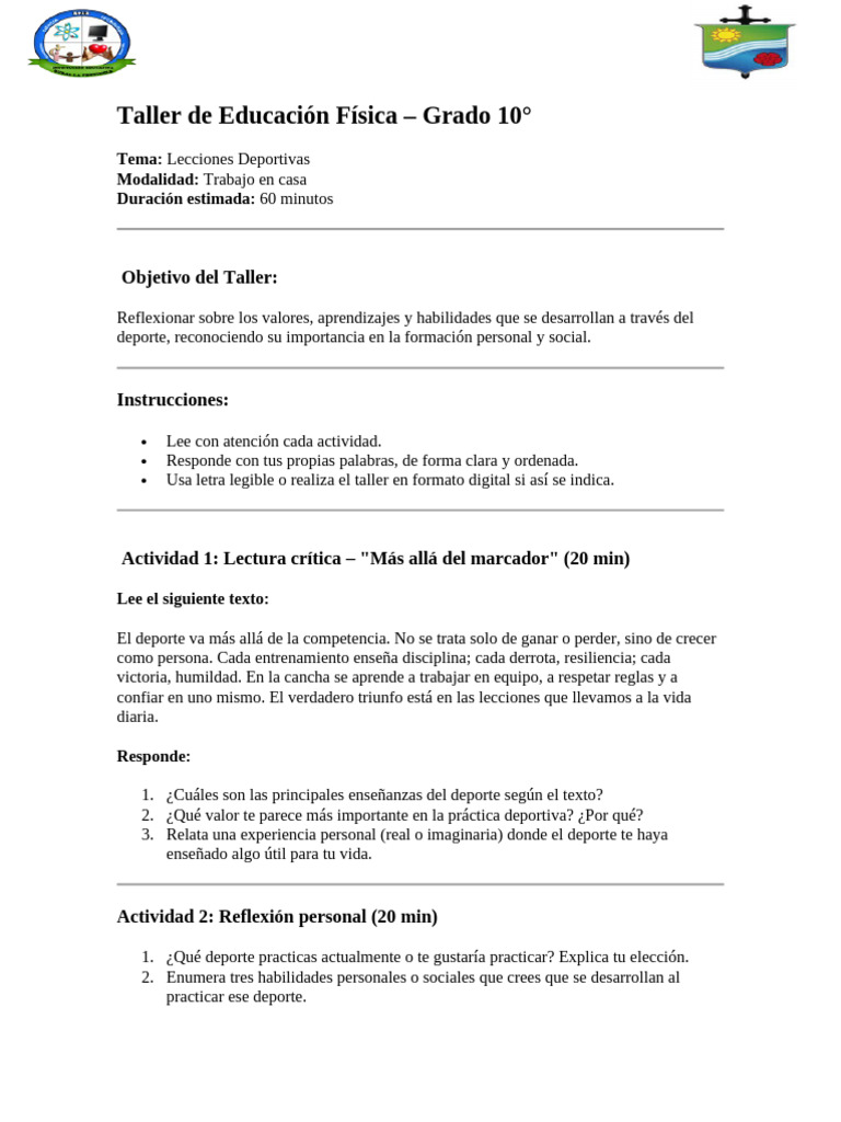 Lecciones Deportivas Grado Decimo | PDF