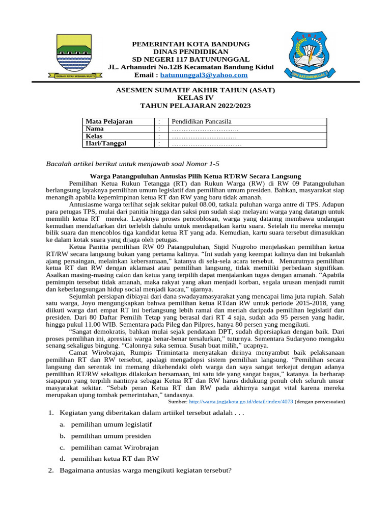 Soal Asat PKN Kelas 4 | PDF