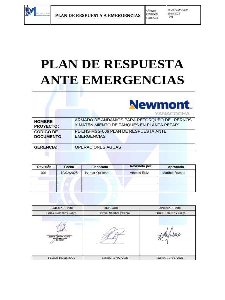 Pl-Ehs-Msg-002 Plan de Respuesta Ante Emergencias.. | PDF | Primeros auxilios | Emergencia