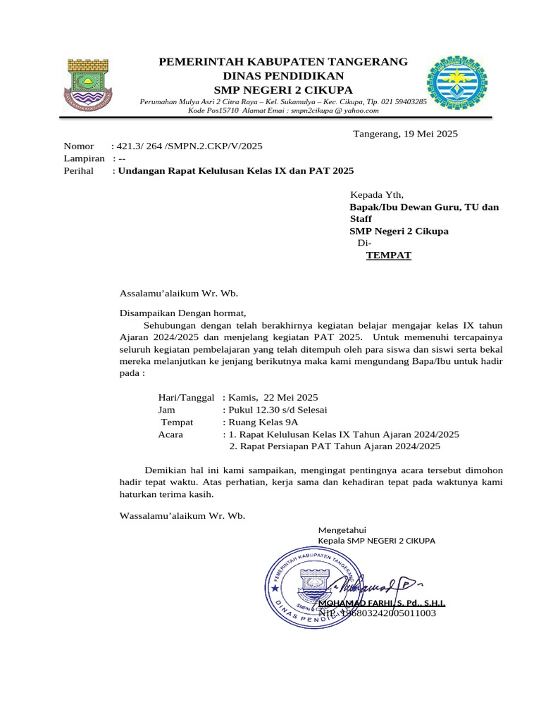 Surat Undangan Rapat Kelulusan Kls 9 & Pat 2025 | PDF