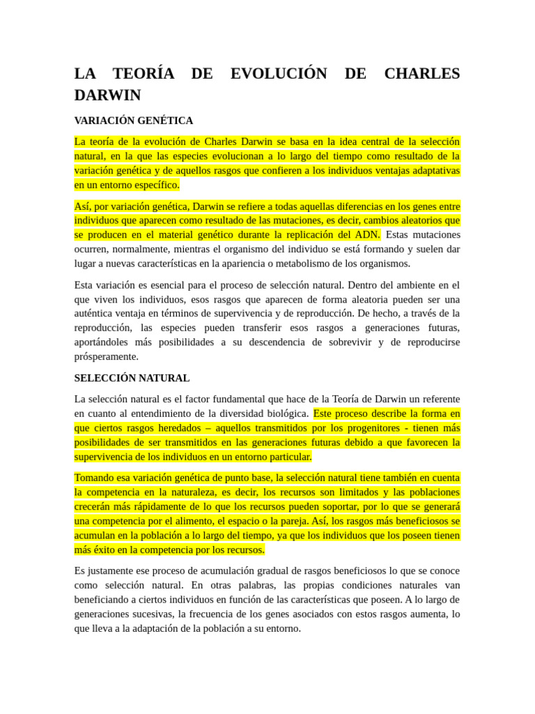 La Teoría de Evolución de Charles Darwin | PDF | Seleccion natural ...