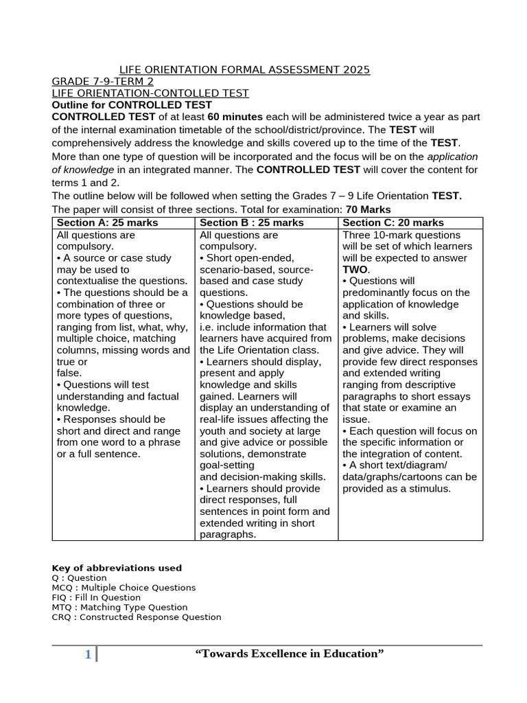 Lo Grade 7 9 Formal Assessment Term 2 2025 | PDF | Multiple Choice ...