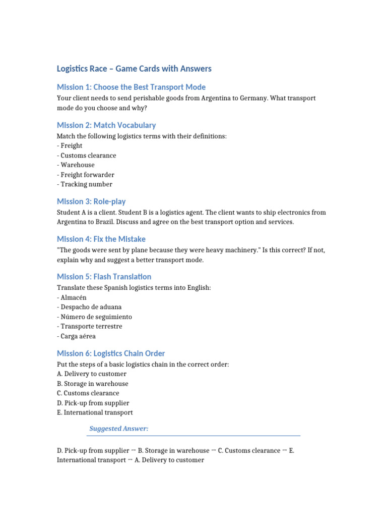 Logistics Game Cards and Answers | PDF