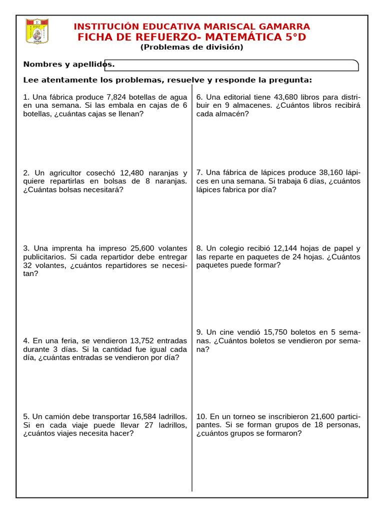 SESIÓN 18 MATEMATICA Ficha de Refuerzo Prob División | PDF