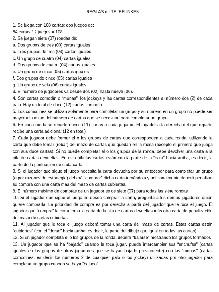 Reglas del juego Telefunken | PDF | Jugando a las cartas | Juegos de mesa